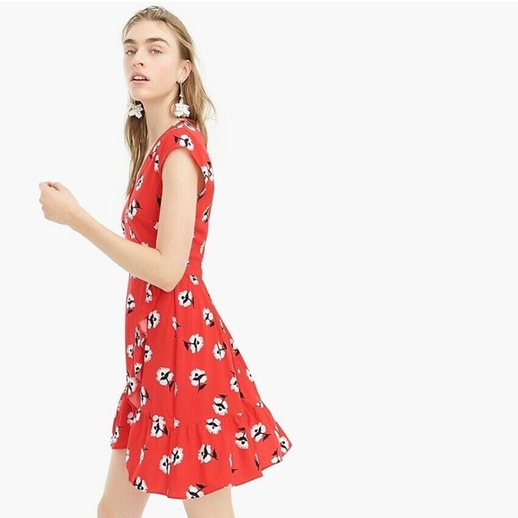 J. Crew | Dresses | Jcrew Red Faux Wrap Dress With Ruffle Hem In ...